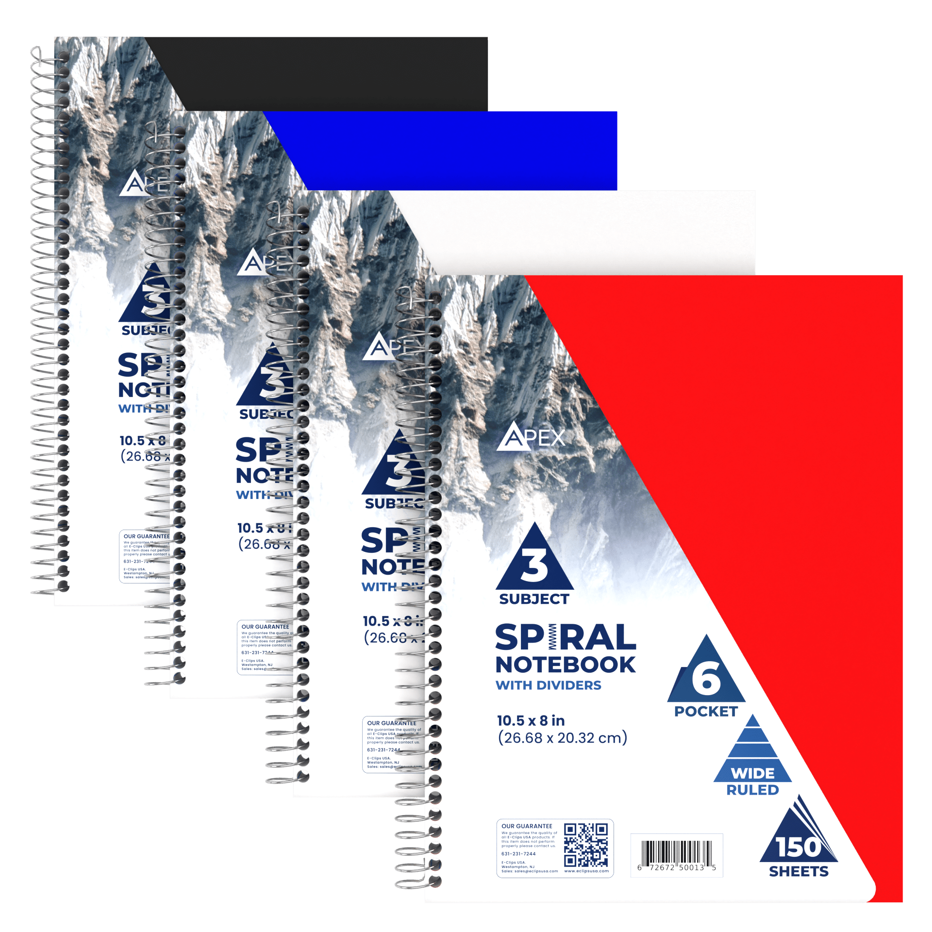 APEX 3-Subject 150 Sheet Spiral Notebook Wide-Ruled – E-Clips USA