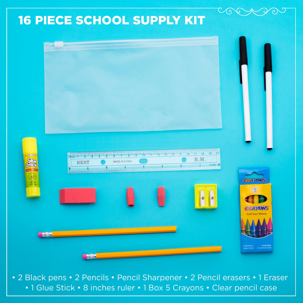 16 Piece Wholesale Basic School Supply Kits - Case of 48 Kits – E-Clips USA